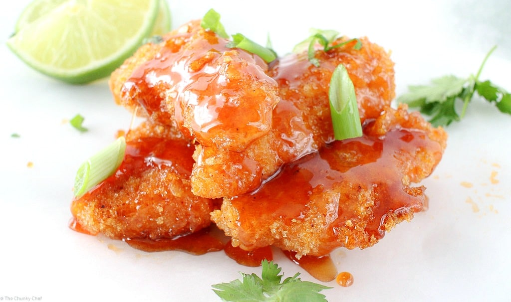 Sweet and Spicy Sticky Chicken Fingers - The Chunky Chef