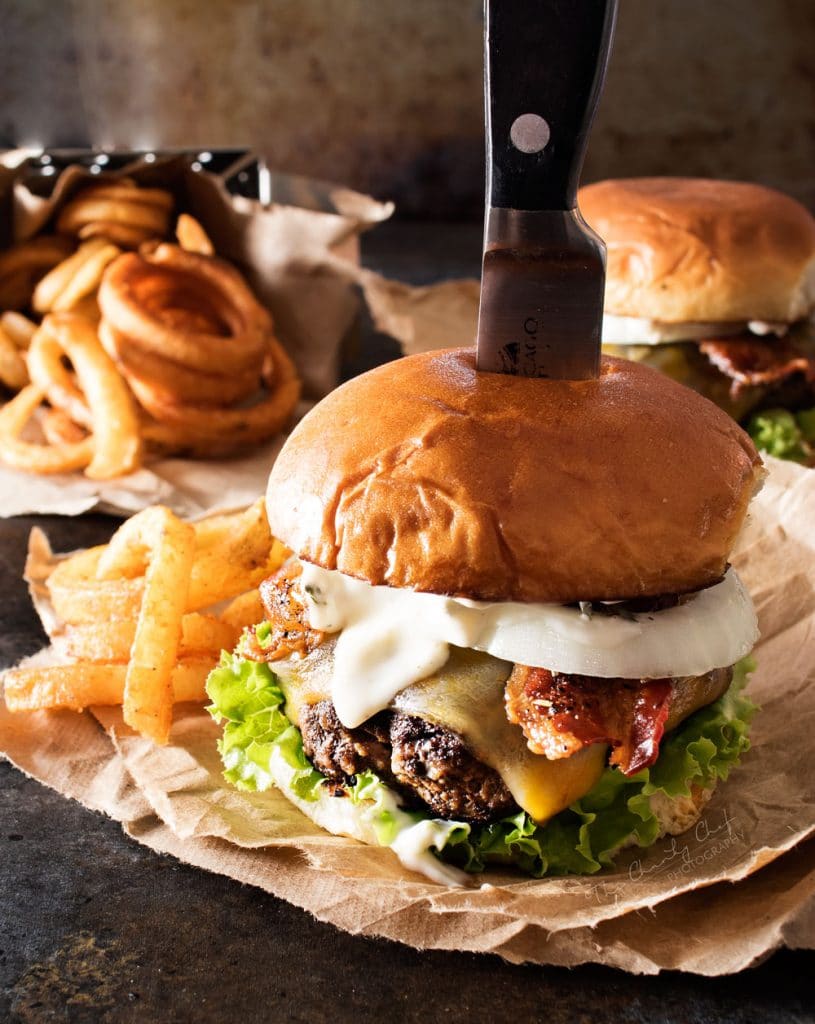 Pepper Crusted Bacon Cheeseburgers - The Chunky Chef