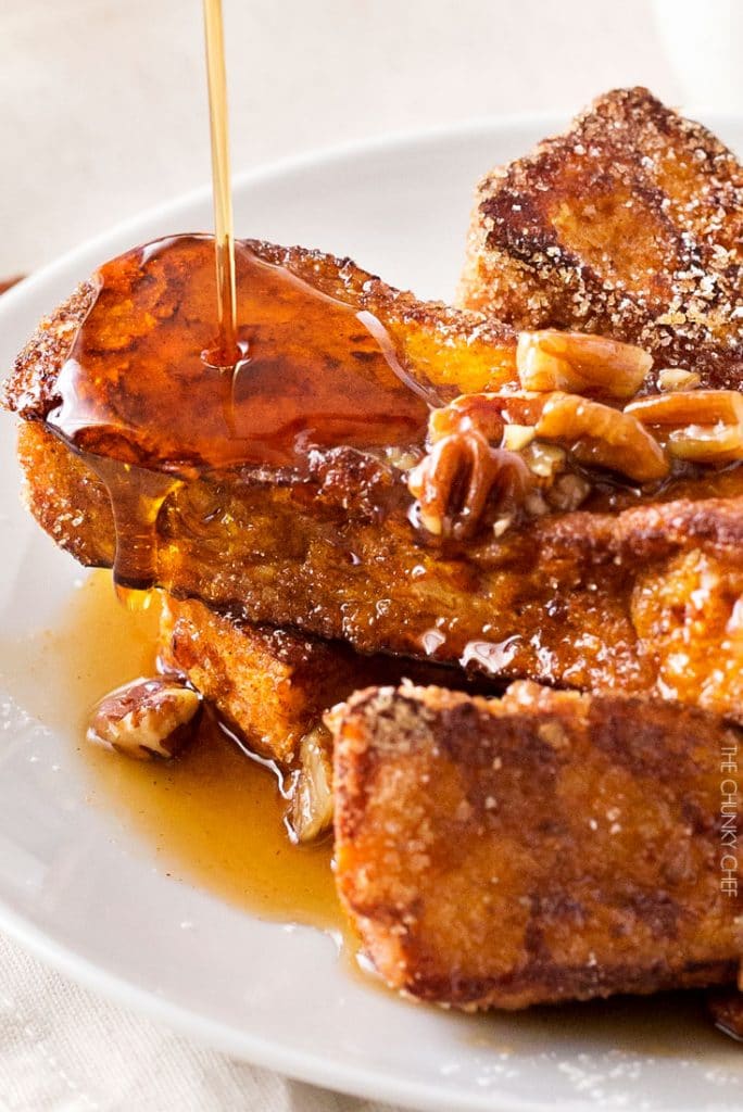 Pumpkin French Toast Sticks with Praline Maple Syrup - The Chunky Chef