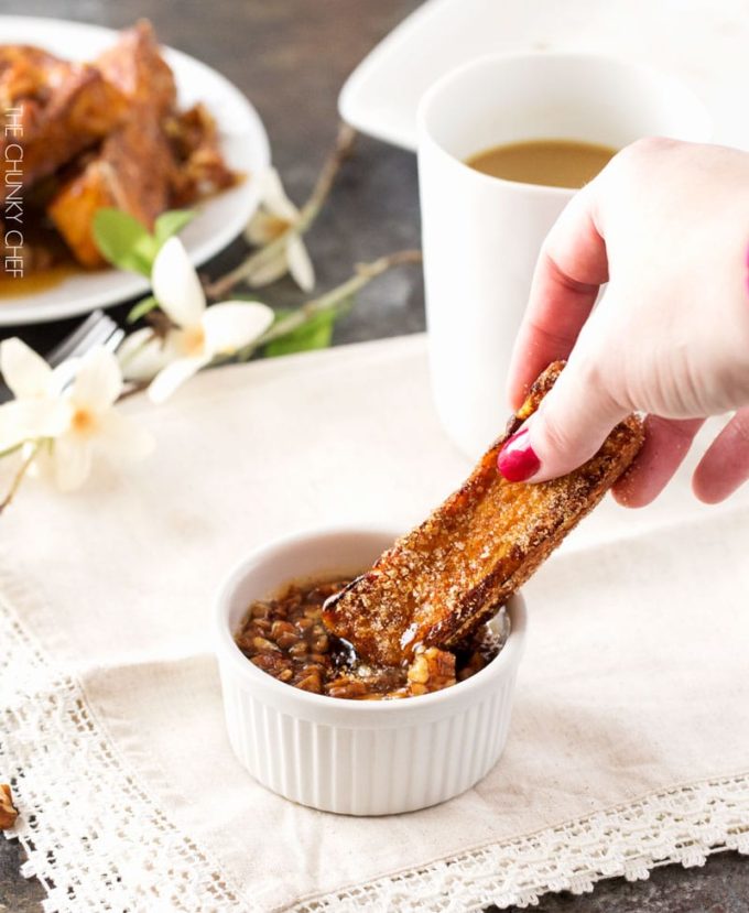 Pumpkin French Toast Sticks with Praline Maple Syrup - The Chunky Chef
