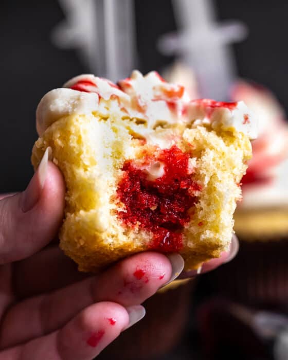 Bloody Vanilla Cupcakes with Edible "Blood" - The Chunky Chef