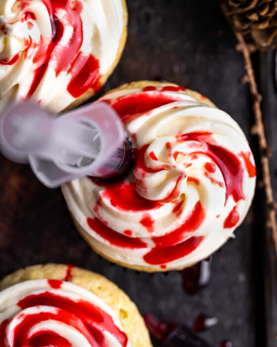 Bloody Vanilla Cupcakes with Edible "Blood" - The Chunky Chef