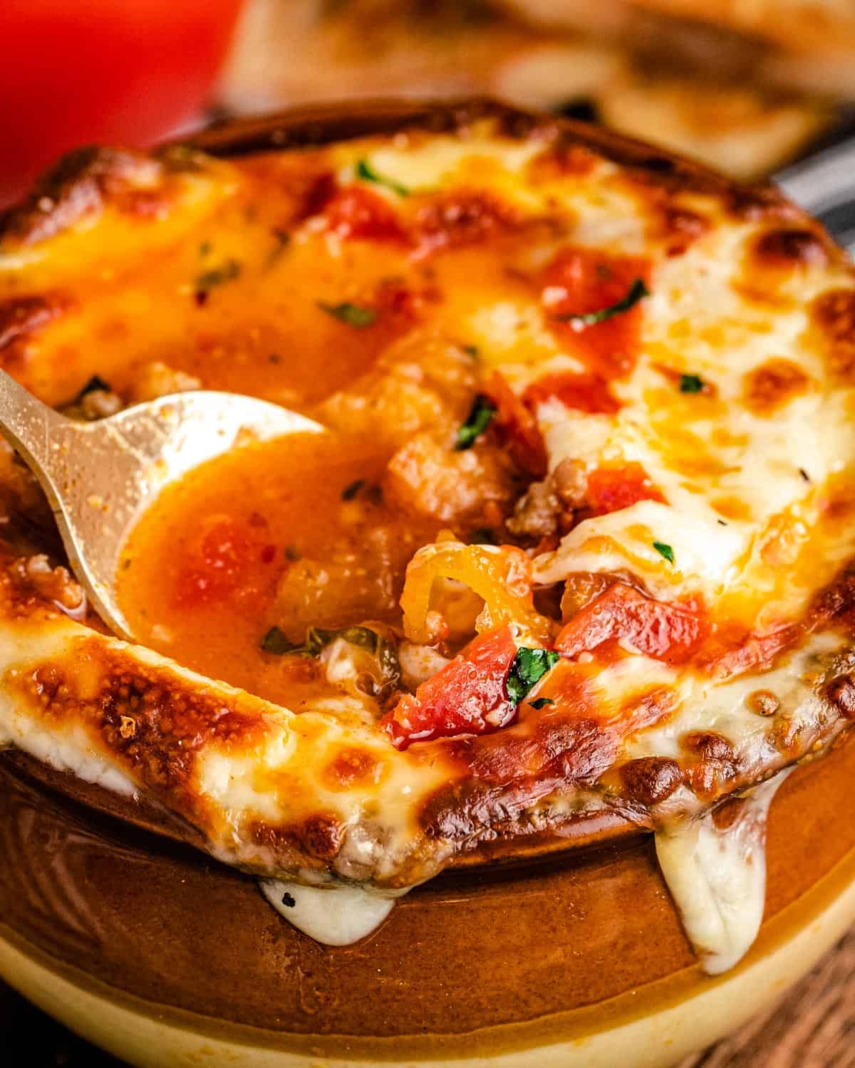 Cheesy Deluxe Pizza Soup - The Chunky Chef