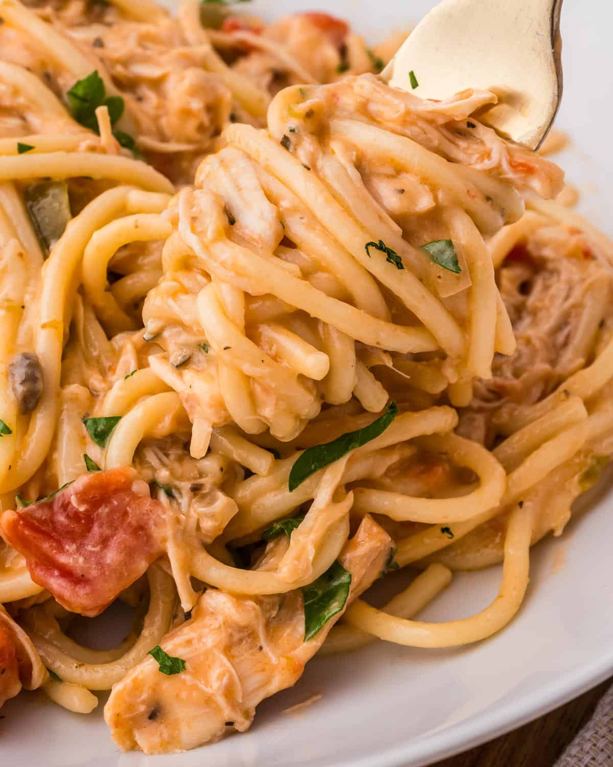 Slow Cooker Creamy Chicken Spaghetti - The Chunky Chef