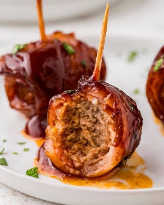 Bacon-Wrapped Brown Sugar BBQ Meatballs - The Chunky Chef